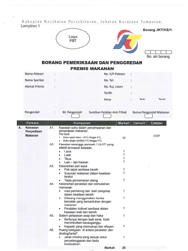 JKT - Food Premise Grading and Inspection Checklist | PDF