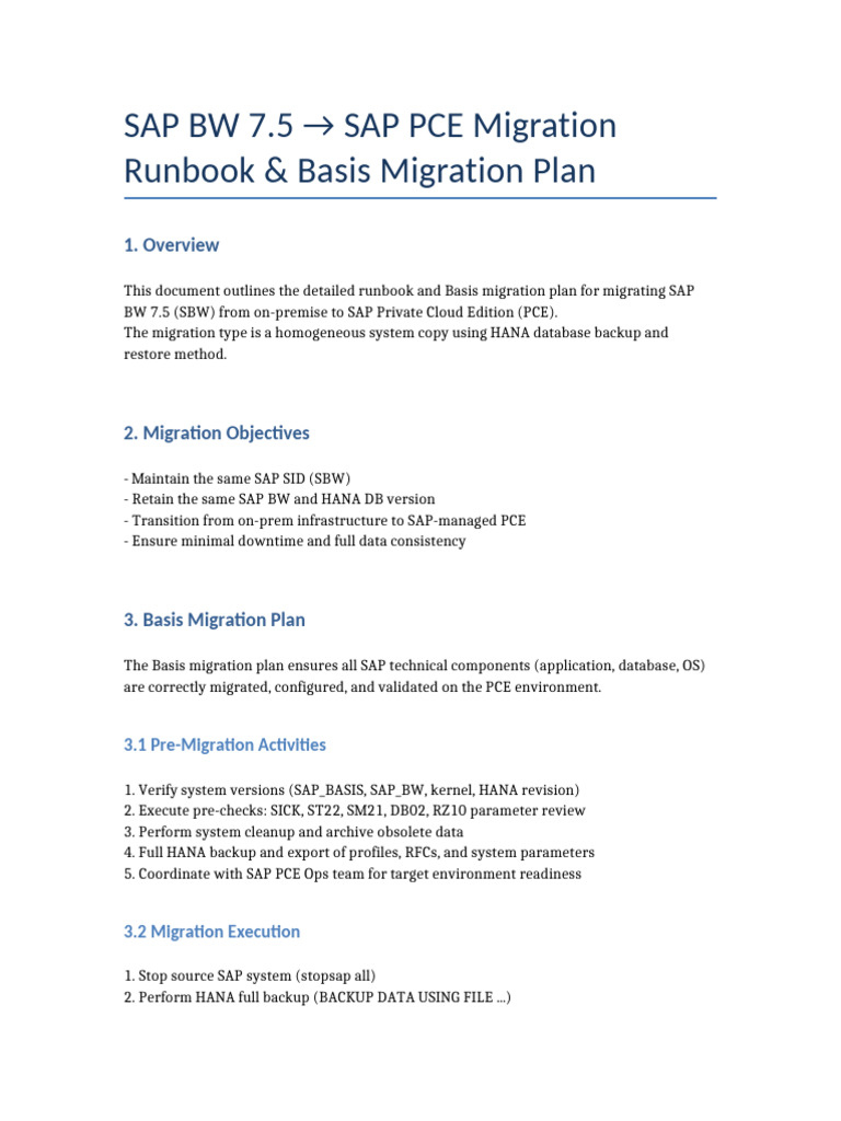 SAP BW75 PCE Migration Runbook BasisPlan | PDF | Backup | Software