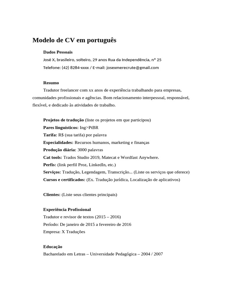 Modelo de CV para Tradutor Freelancer | PDF