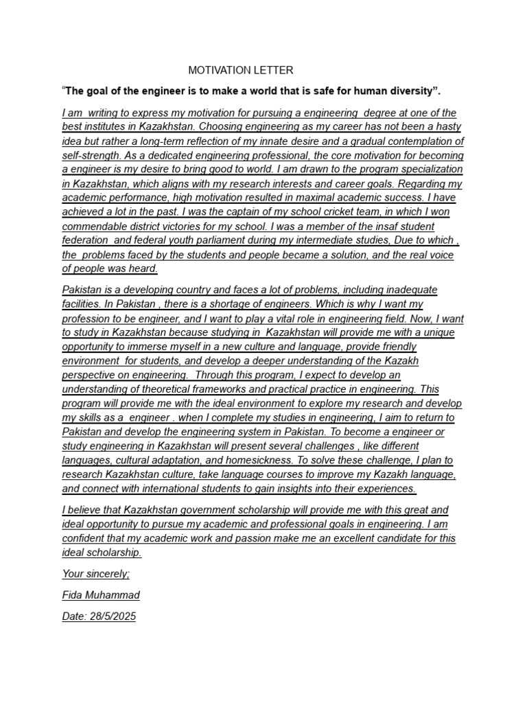 Engineering Degree Motivation Letter | PDF | Motivation | Motivational