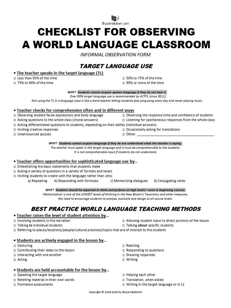 Checklist for Observing a WL Classroom 1 | PDF | Teachers | Second Language