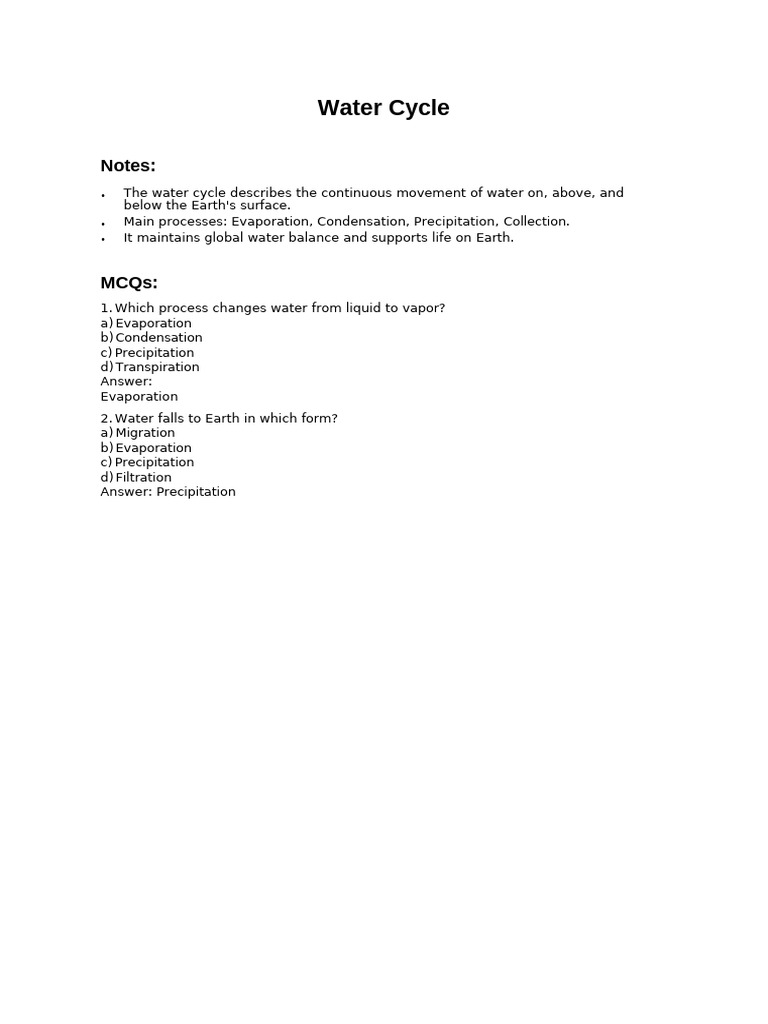 Water Cycle Notes MCQ | PDF