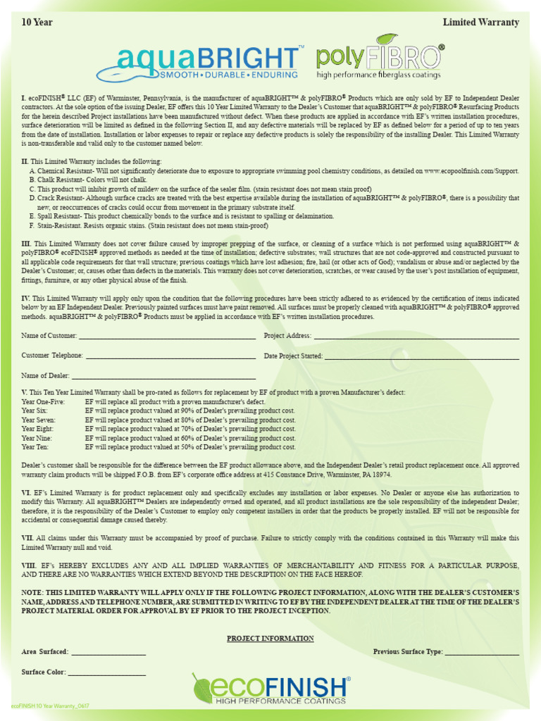 ecoFINISH 10-Year Warranty Details | PDF | Materials