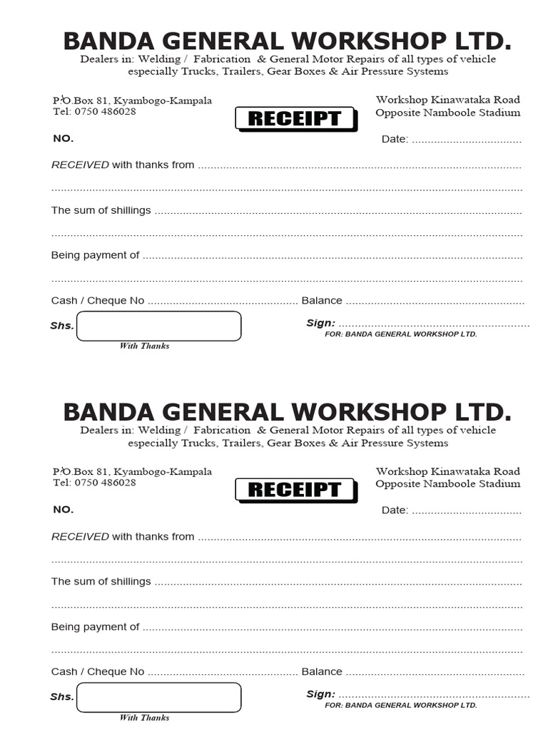Banda General Workshop Receipt | PDF | Wheeled Vehicles | Land Transport