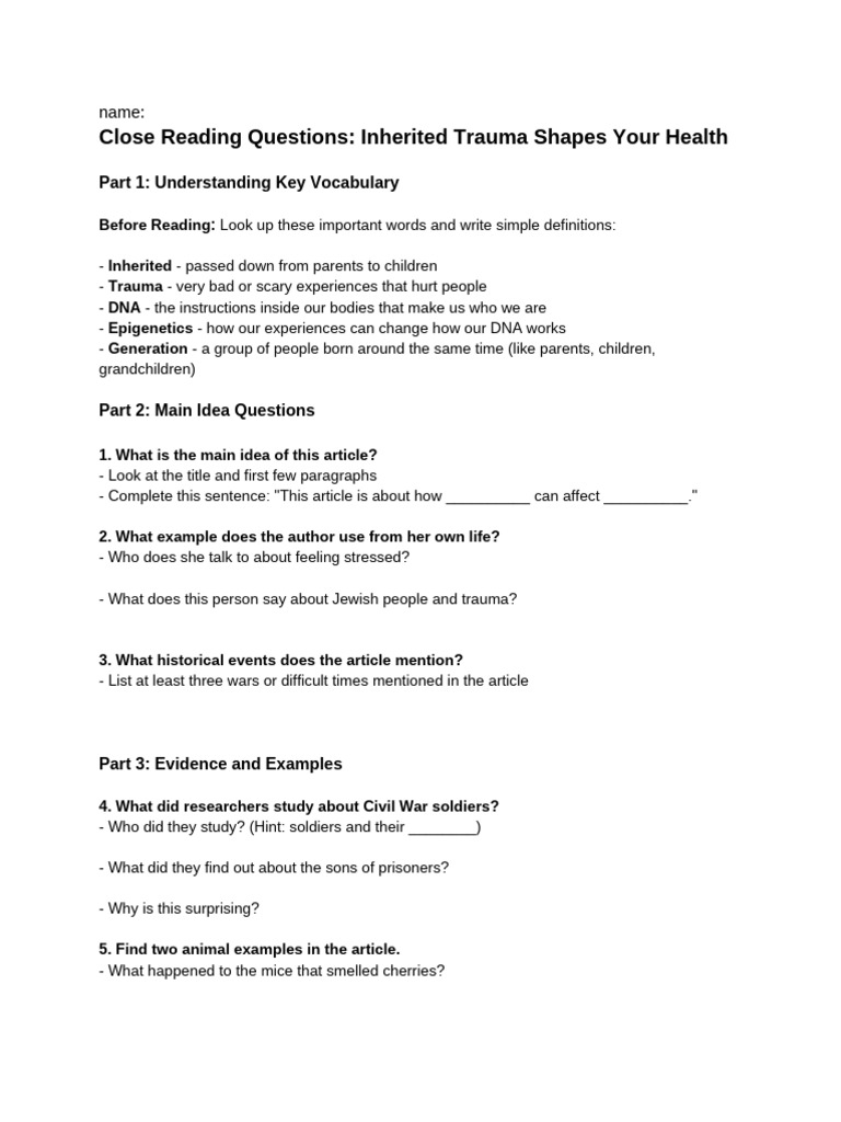 Inherited Trauma Close Reading Questions | PDF