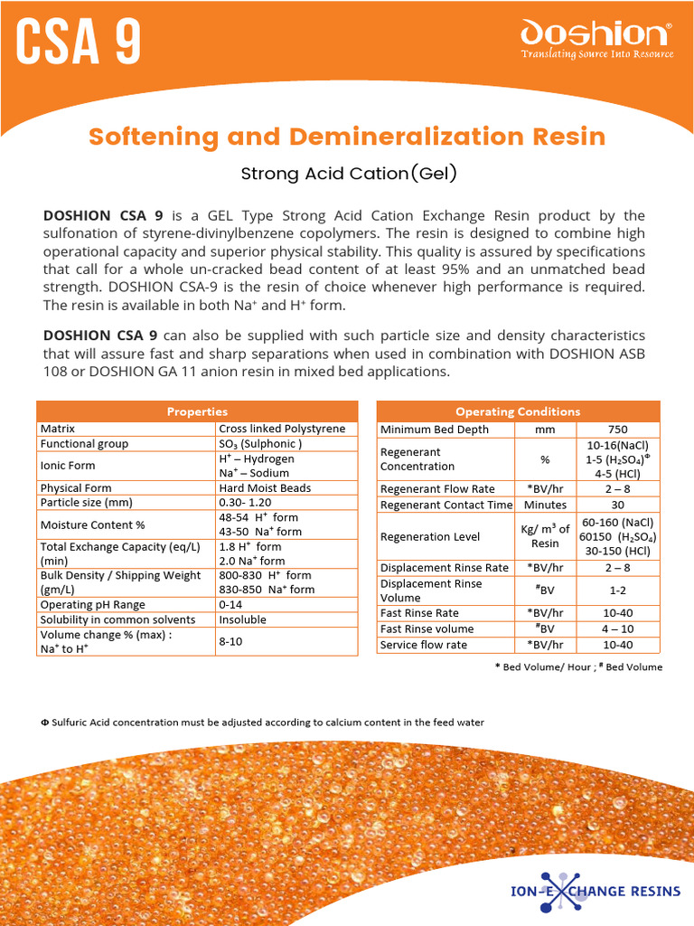 Doshion CSA 9 Strong Acid Cation Resin | PDF | Ion Exchange | Chemical ...