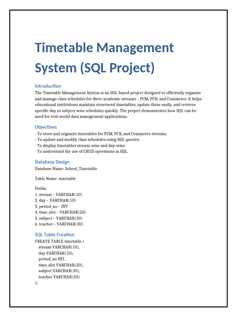 Timetable Management System Project Extended | PDF | Sql | Databases