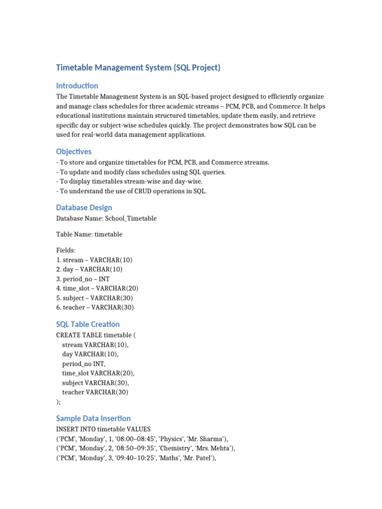 SQL Timetable Management System | PDF | Sql | Databases