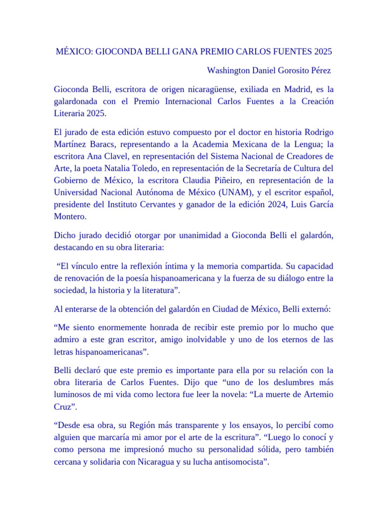Washington (Encuentro) Gioconda Belli Premio Carlos Fuentes 2025 | PDF ...