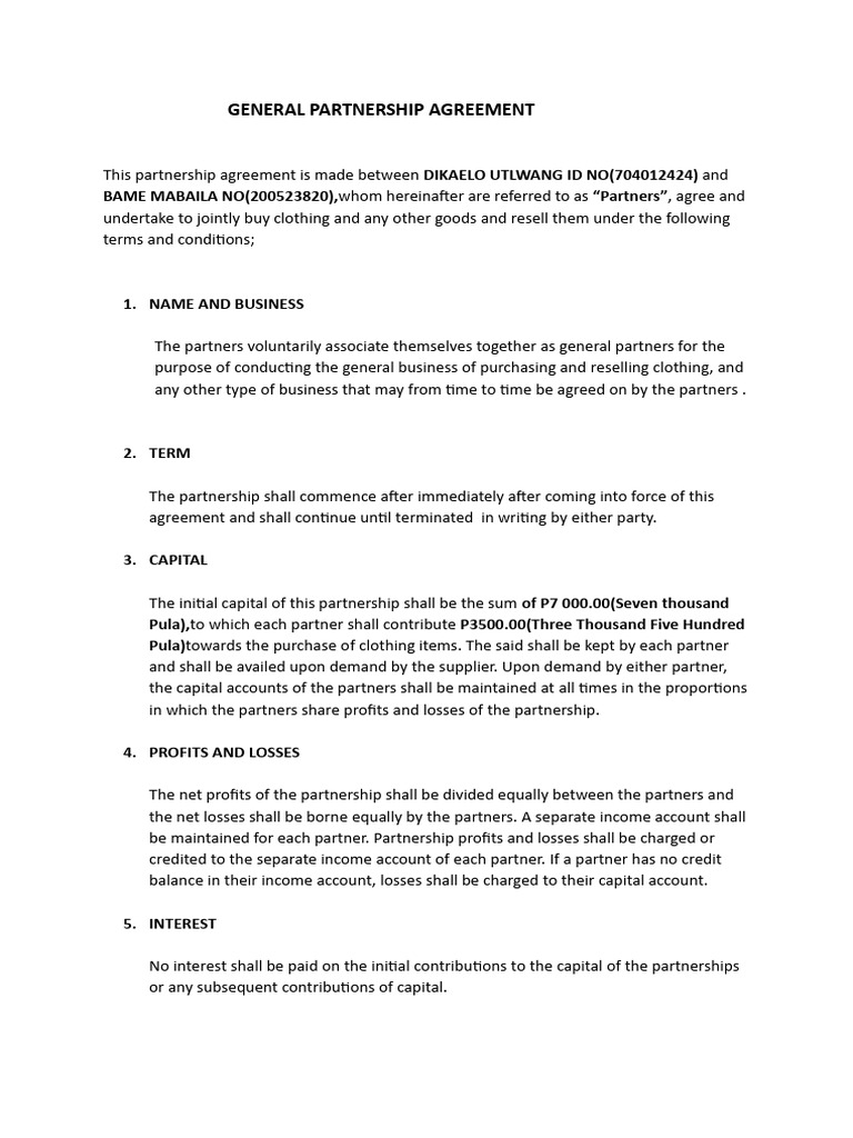 General Partnership Agreement | PDF | Partnership | Business