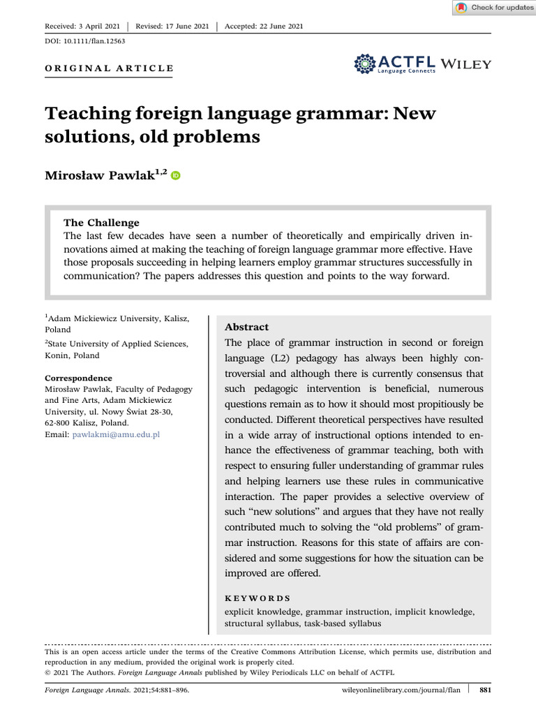 Teaching Foreign Language Grammar - Newsolutions, Old Problems | PDF ...