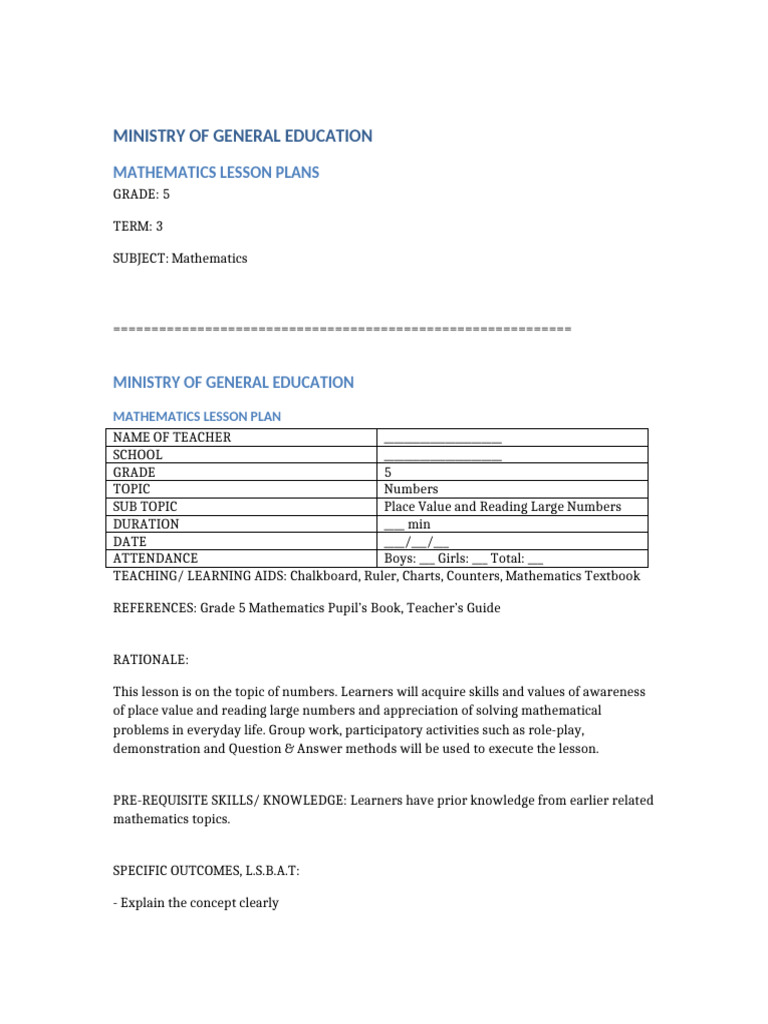 Grade 5 Math Lesson Plans Overview | PDF | Lesson Plan | Learning