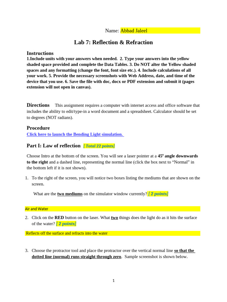 Phys 2426 Lab 7 Reflection & Refraction | PDF | Refraction | Refractive Index