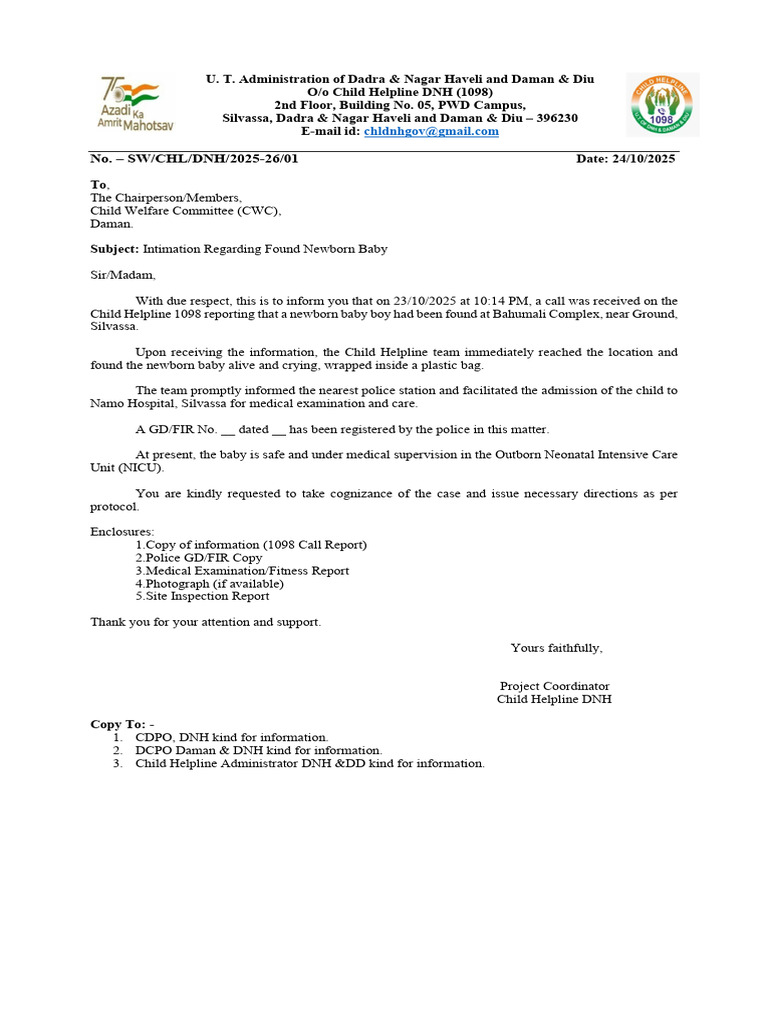 Intimation Regarding Found Newborn Baby Letter | PDF