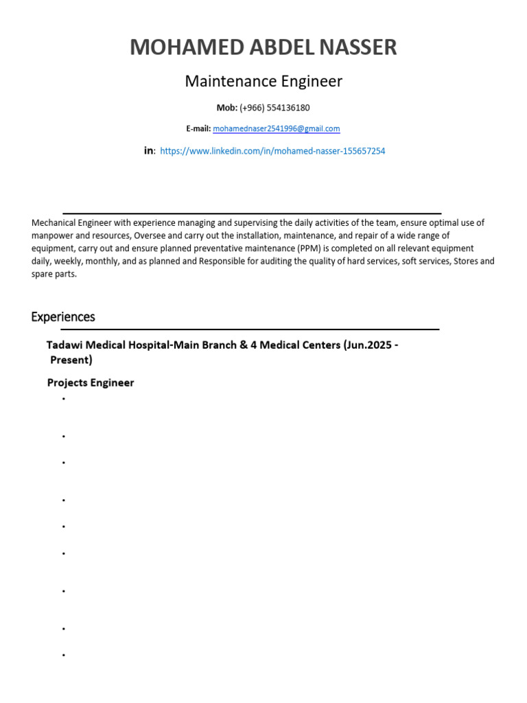 Mohamed Abdel Nasser Maintenance Engineer | PDF | Safety | Intensive ...