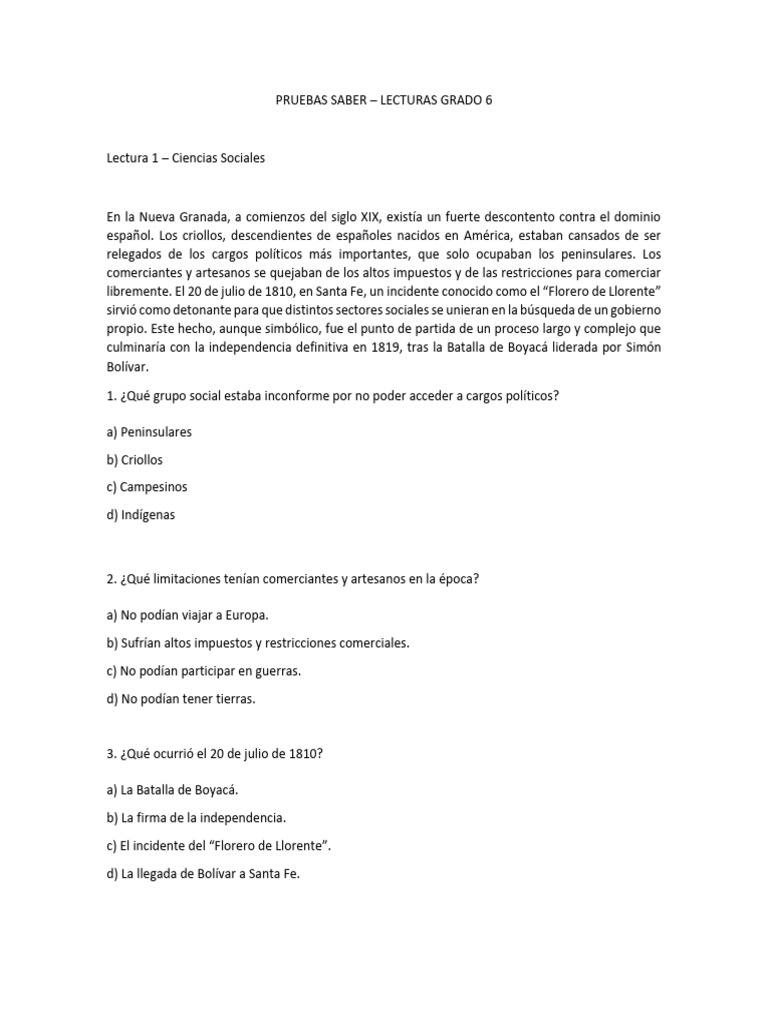 Pruebas Saber: Lecturas Grado 6 | PDF | Deforestación | Selva amazónica