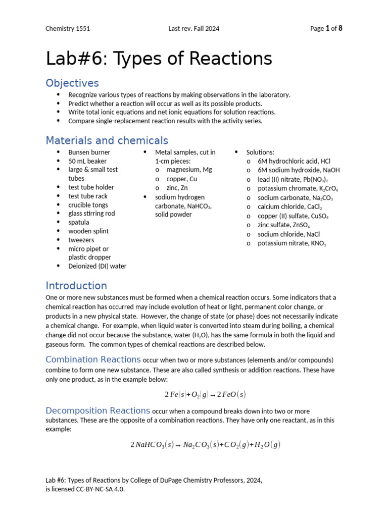 Lab06 Types of Chemical Reactions2024 | PDF | Chemical Reactions | Sodium