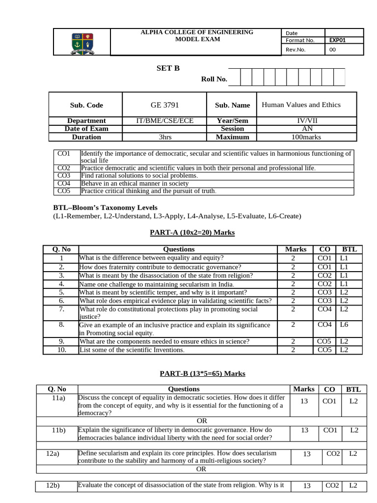 HVE- Model QP - SET B | PDF | Science | Violence