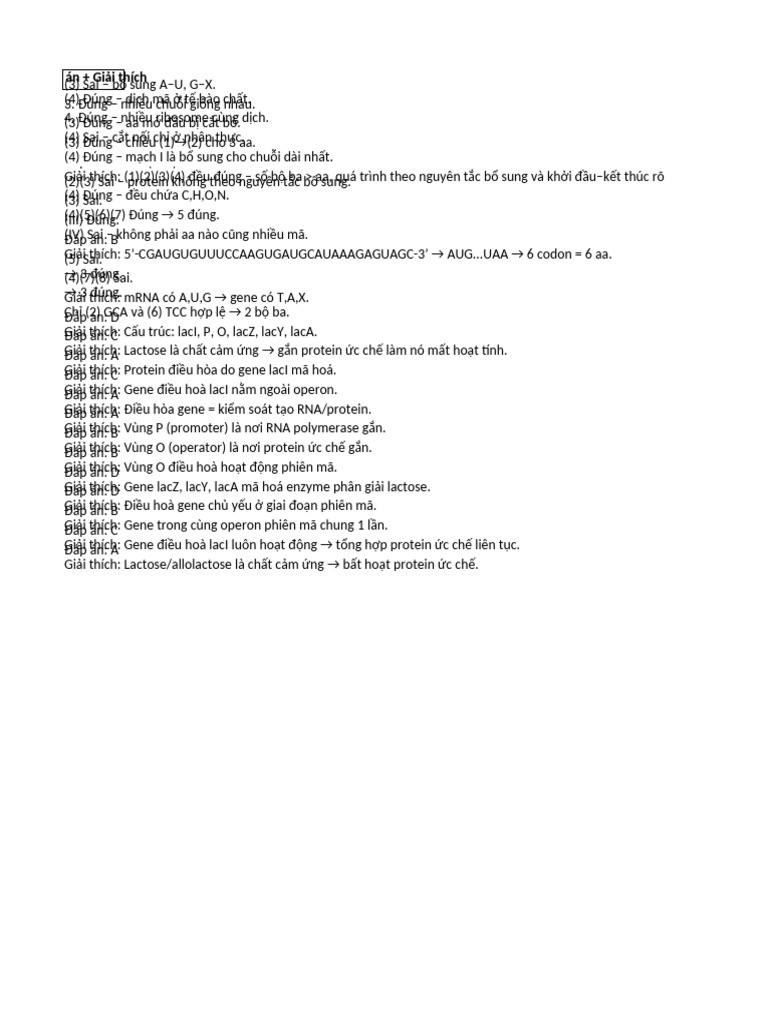 Dap An Va Giai Thich Gene Operon | PDF