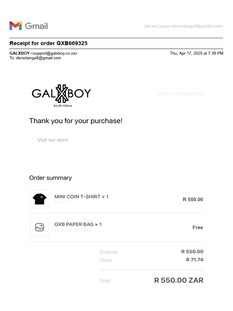Receipt For Order GXB669325 | PDF