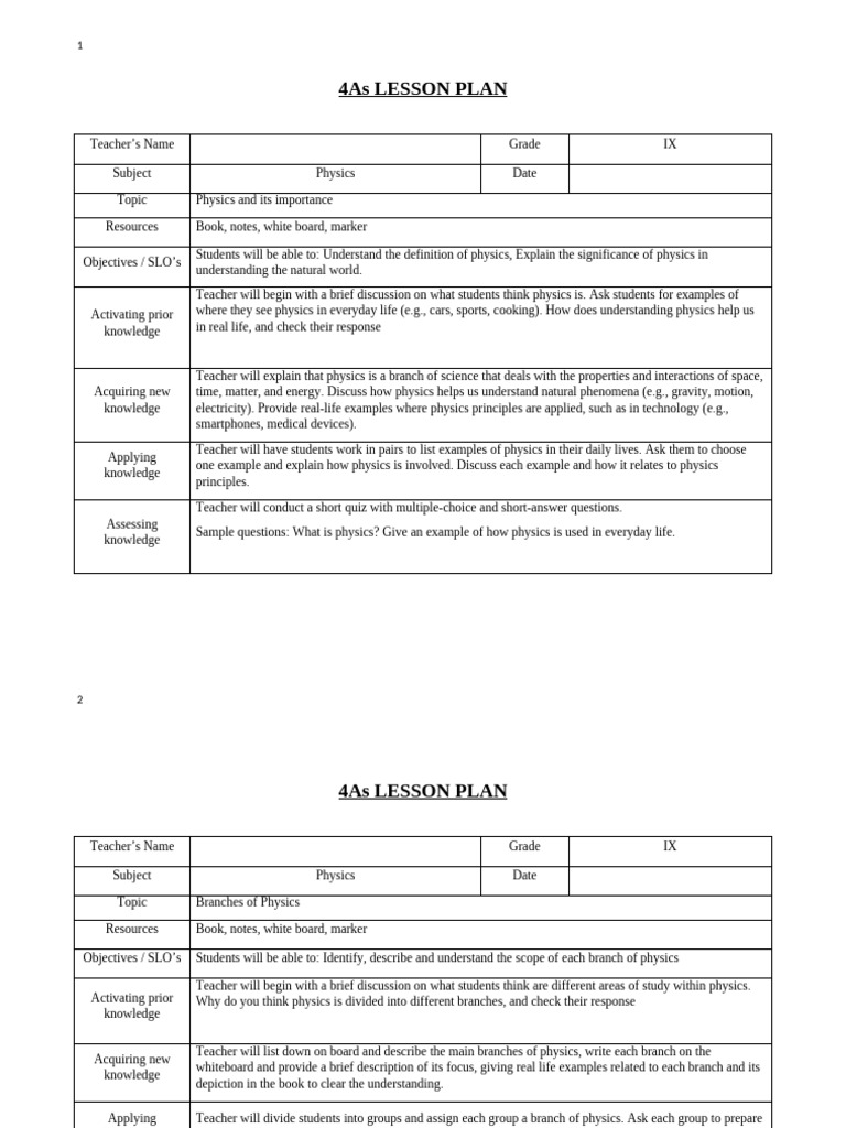 Revised Physics Lesson Plan Grade 9 | PDF | Force | Torque