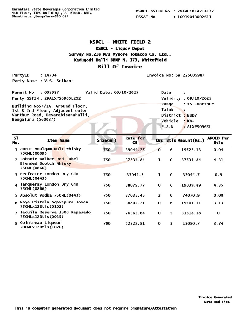 Bill of Invoice - 2025-10-29T163029.801 | PDF | Drink | Whisky