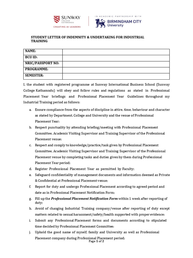 Student Indemnity for Industrial Training | PDF | Insurance | Liability ...