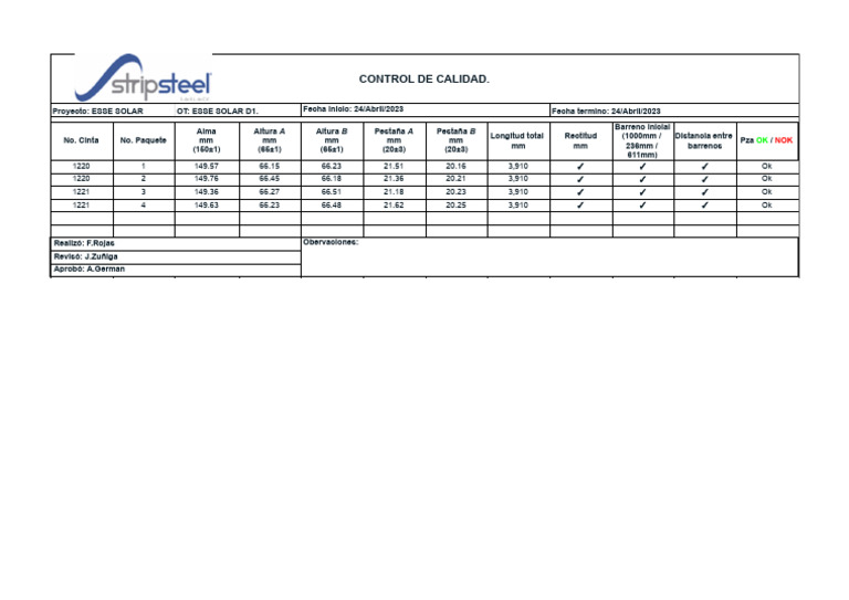 Formato - Control - de - Calidad - XLSX - ESSE SOLAR D1 | PDF
