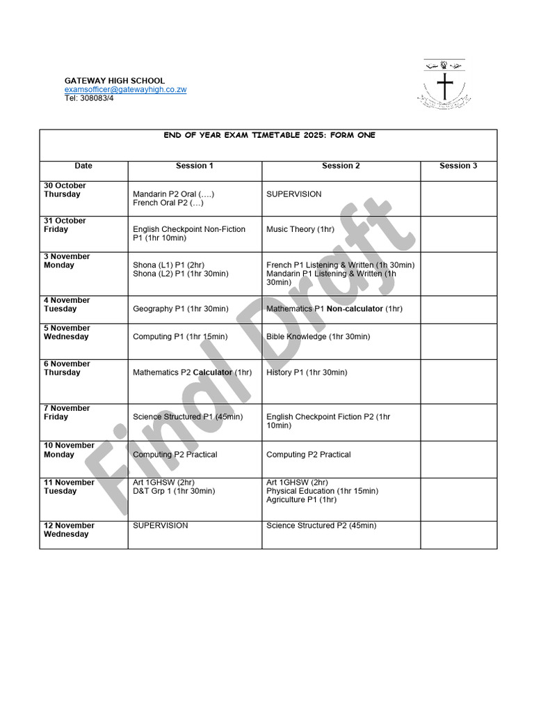 FINAL DRAFT - 2025 End of Year Exam Timetable | PDF | Science | Liberal ...