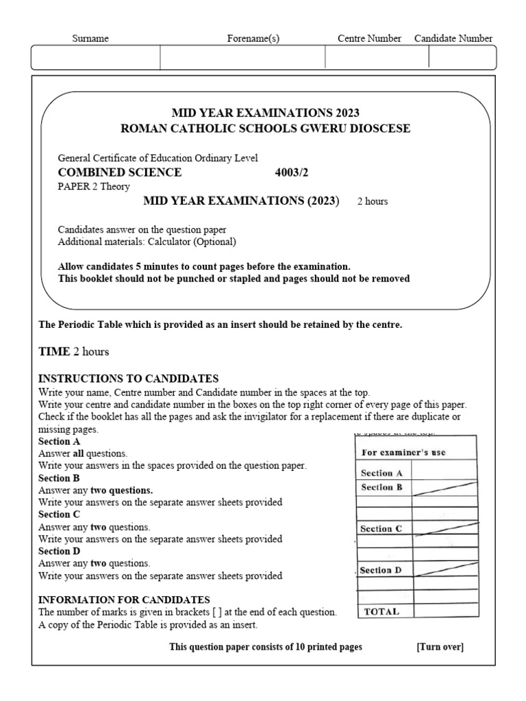Combined Science Paper 2 Mid Year Examination (2023) | PDF | Digestion ...