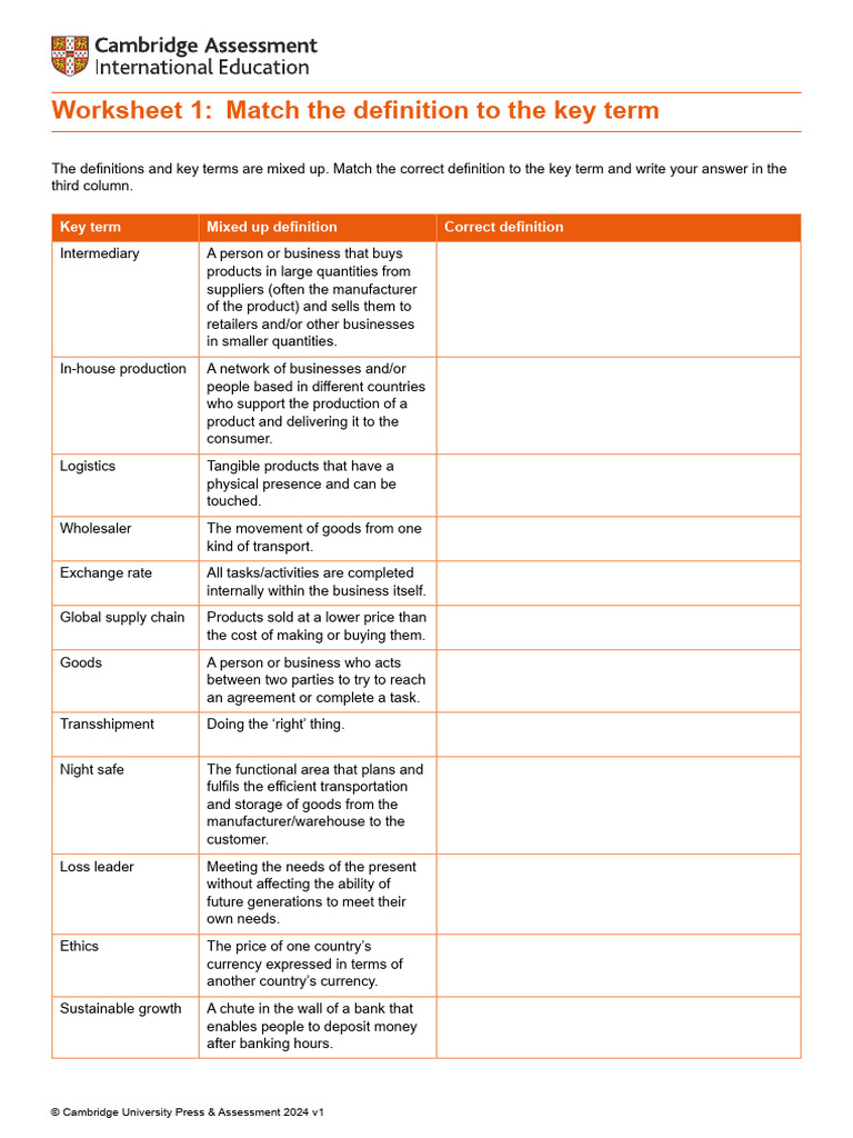 AO1 Worksheet 1 Match The Definition To The Key Term | PDF | Goods ...