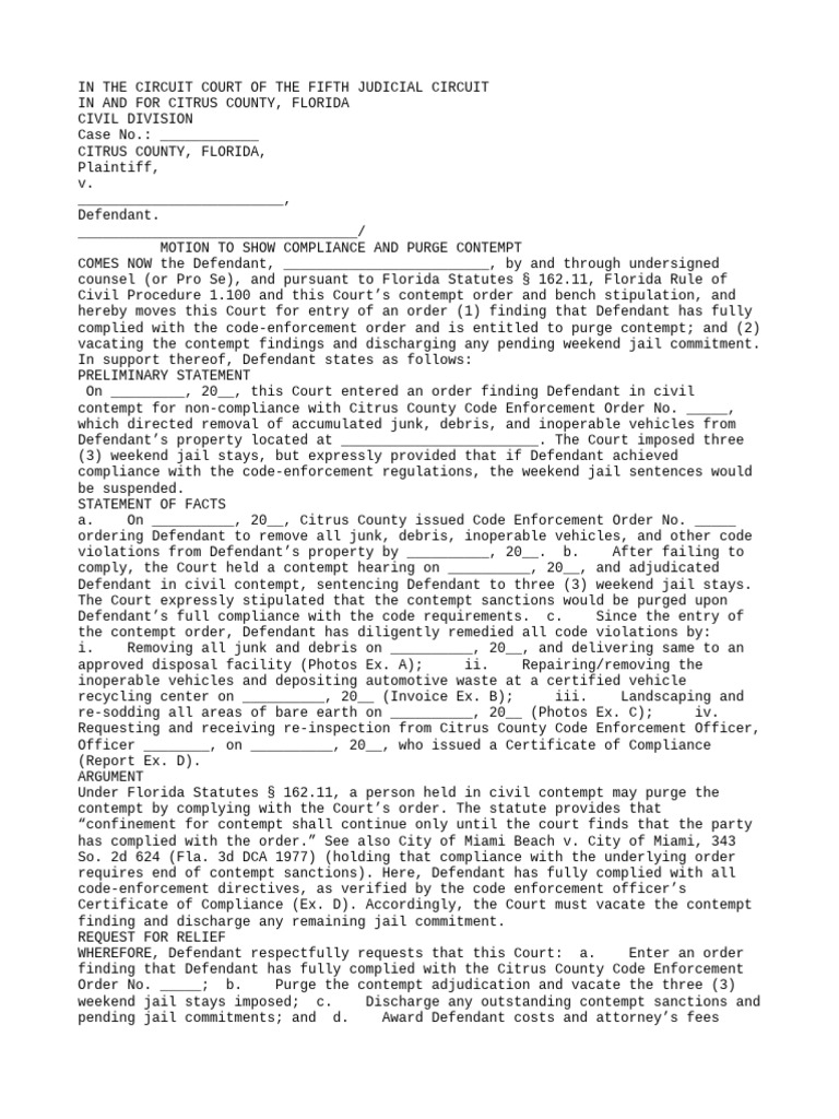 Compliance Motion for Code Violations | PDF | Contempt Of Court ...