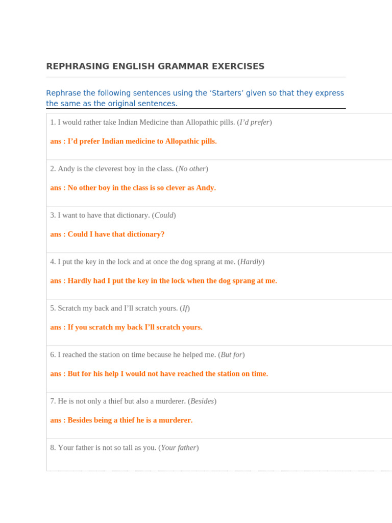 English Grammar Rephrasing Exercises | PDF | Verb | Languages