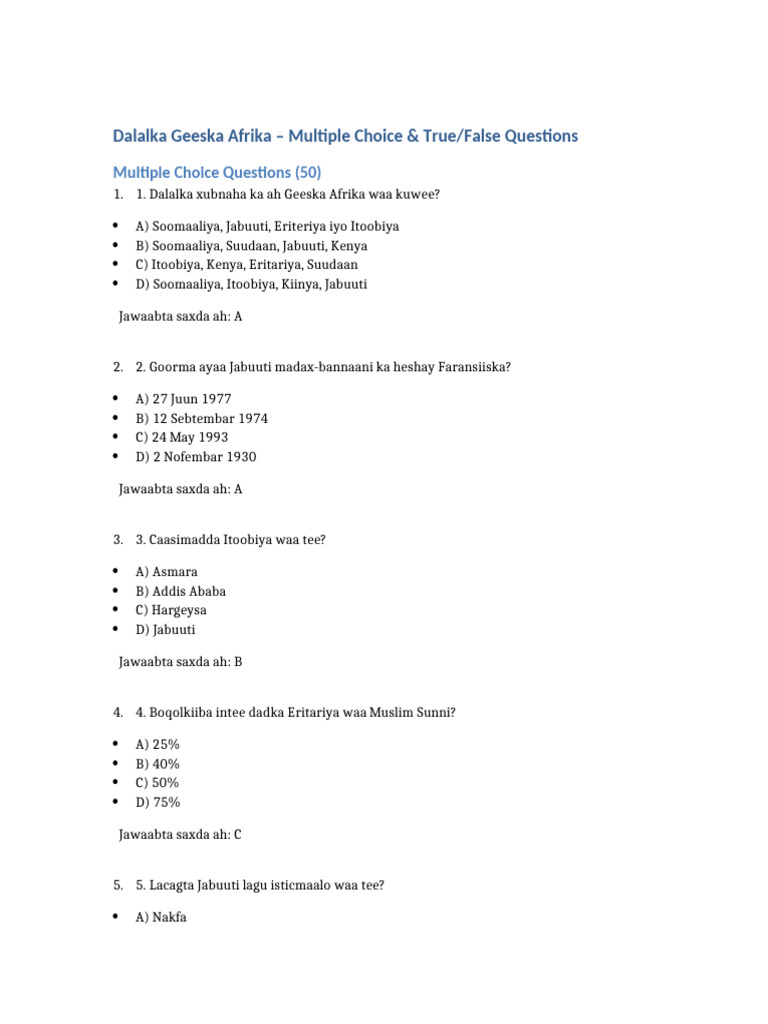 Dalalka Geeska Afrika Questions | PDF