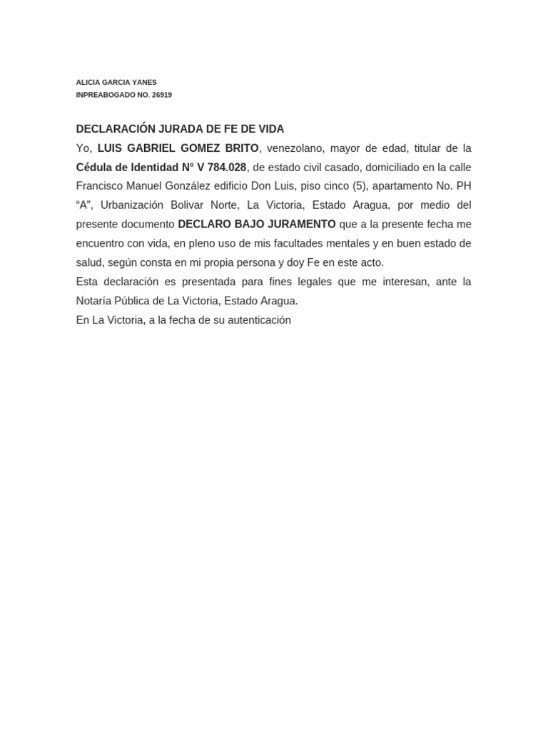 Fe de Vida Luis Gomez Brito | PDF