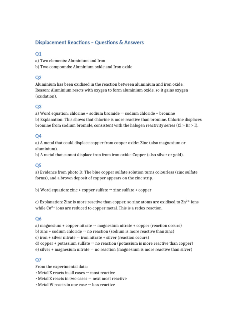 Displacement Reactions QA | PDF