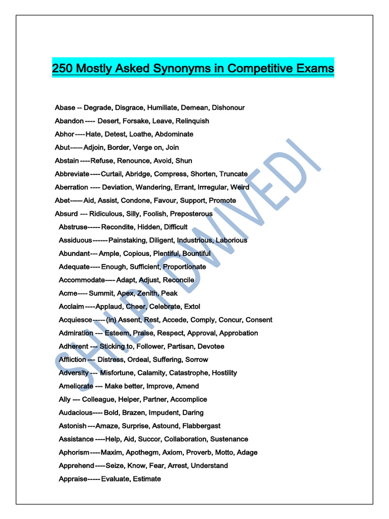Synonyms for Competitive Exams | PDF