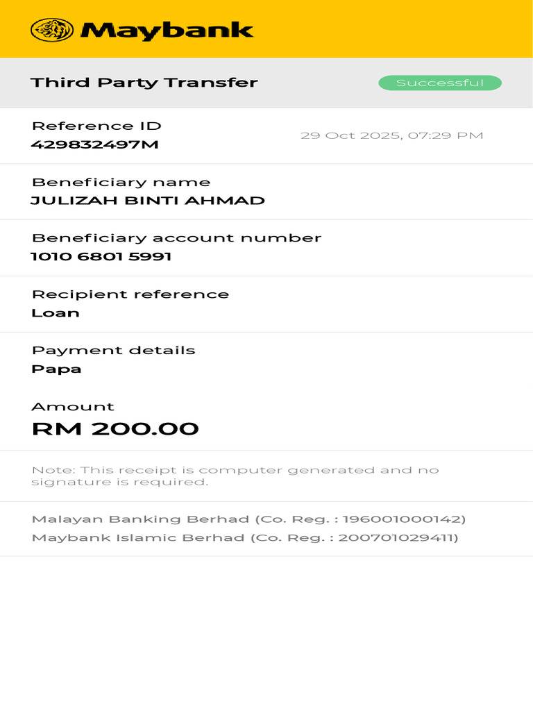 Third Party Transfer Receipt - RM 200.00 | PDF