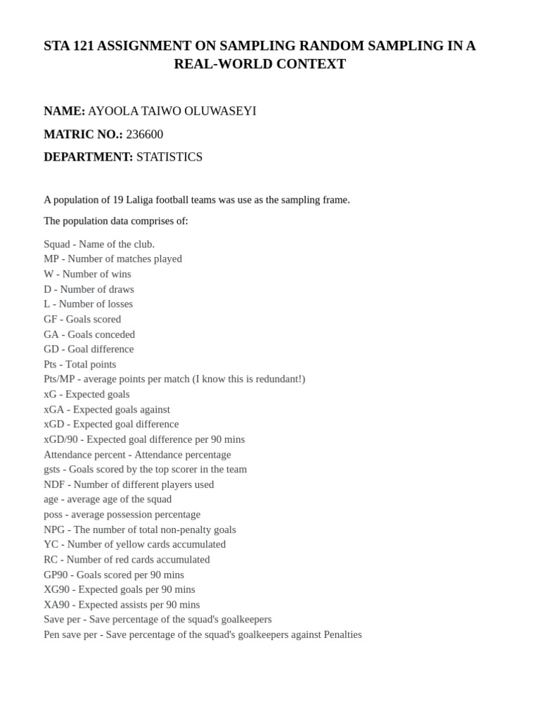 Sta 121 Assignment On Sampling Random Sampling in A Real | PDF | Association Football ...