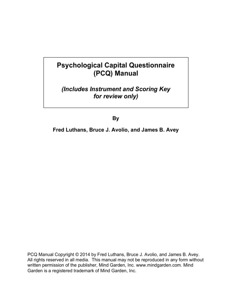 Psychological Capital Questionnaire Manual | PDF | Optimism ...
