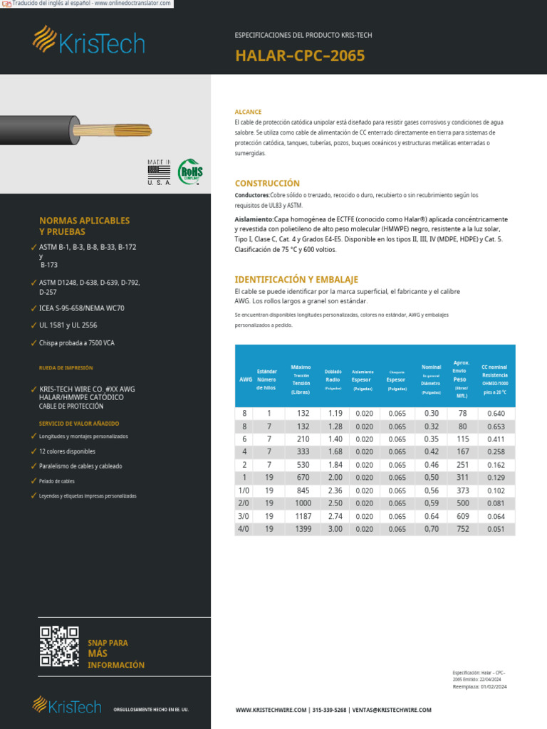 FT - Cable Halar KRIS-TECH 2024.en - Es | PDF | Electromagnetismo ...