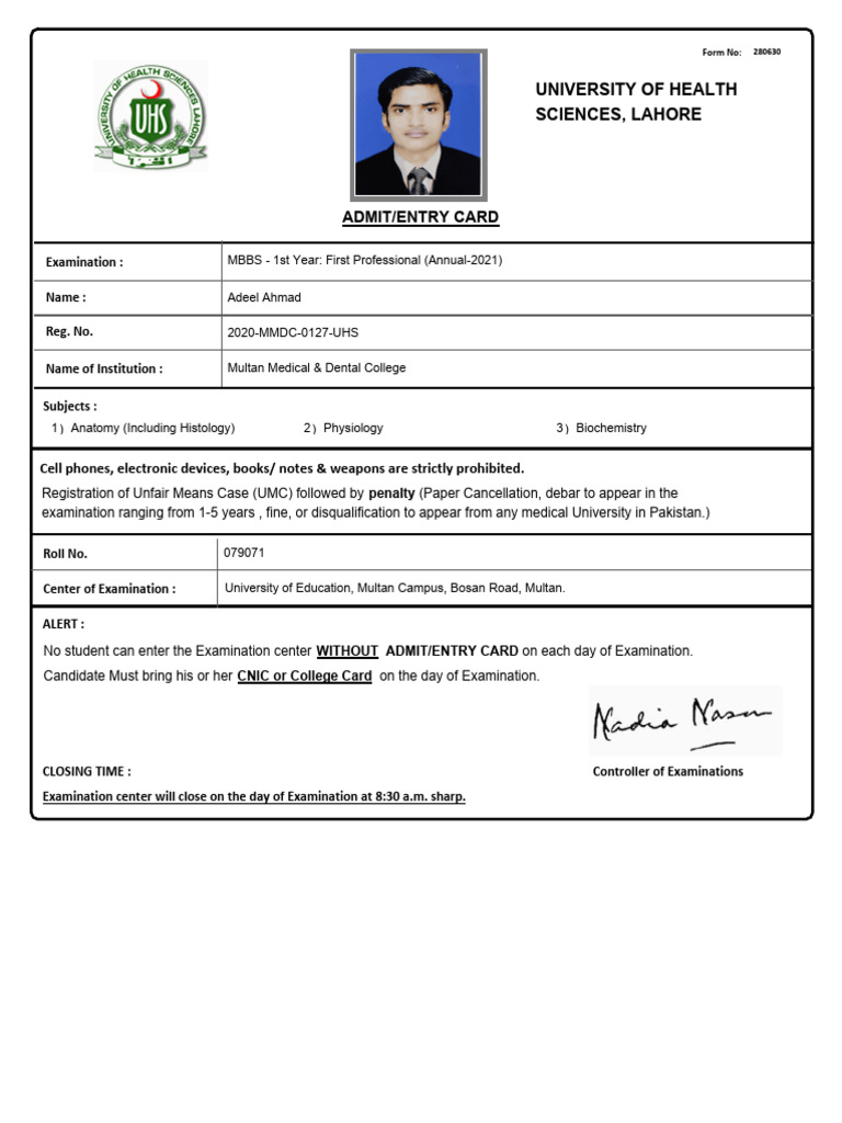 UHS MBBS 1st Year Admit Card Details | PDF