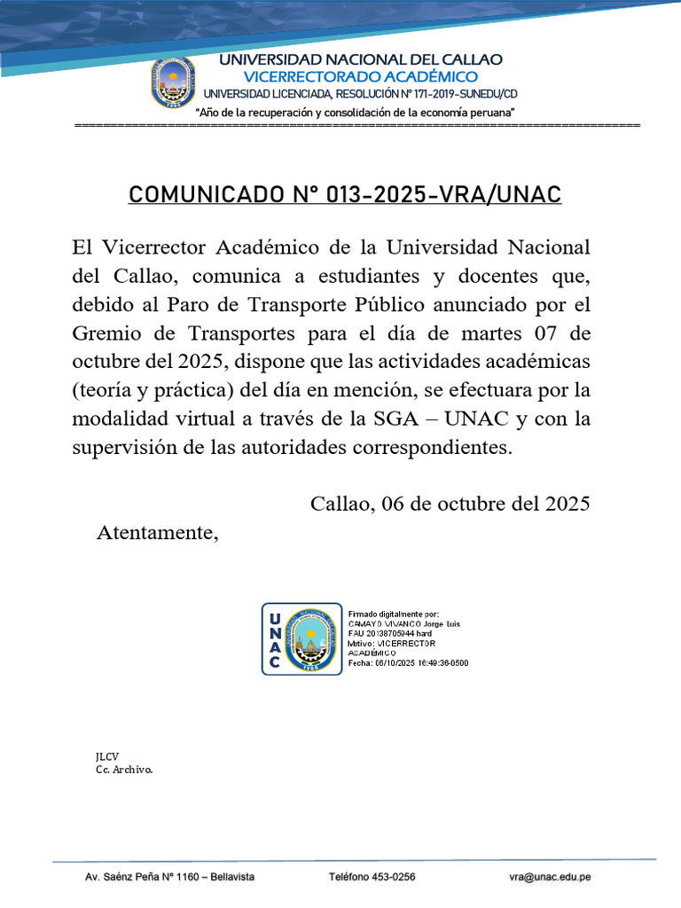 COMUNICADO N°. 013-2025-VRA -UNAC[R] | PDF