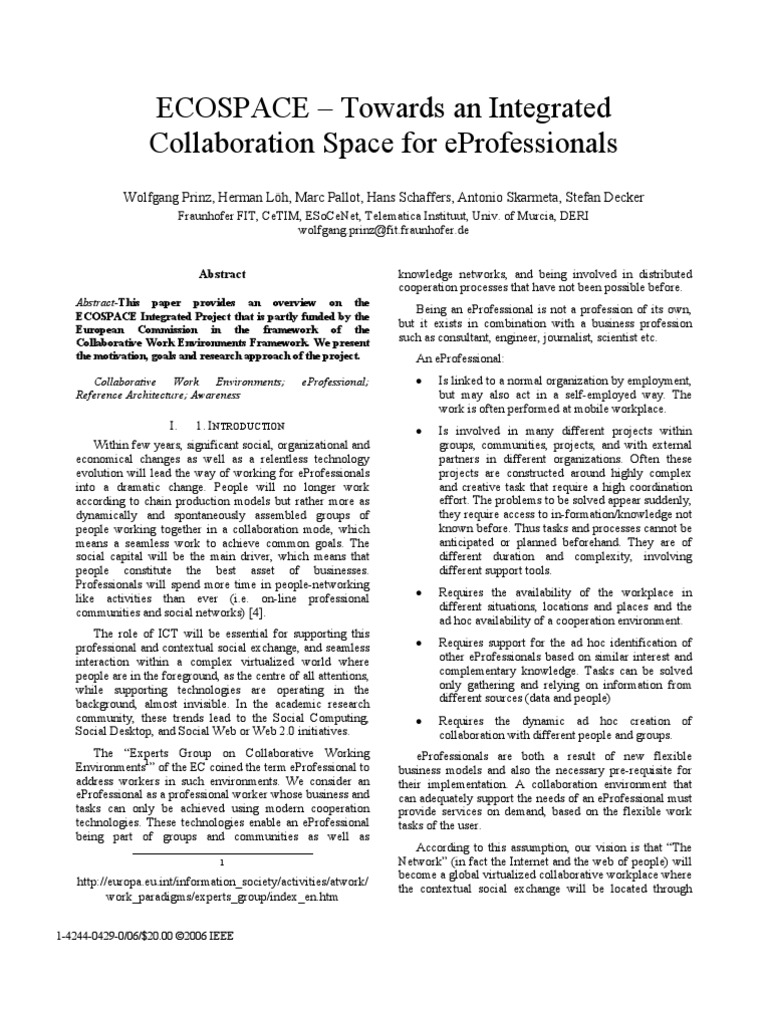 Ecospace - Towards An Integrated Collaboration Space For Eprofessionals | PDF | Collaboration ...