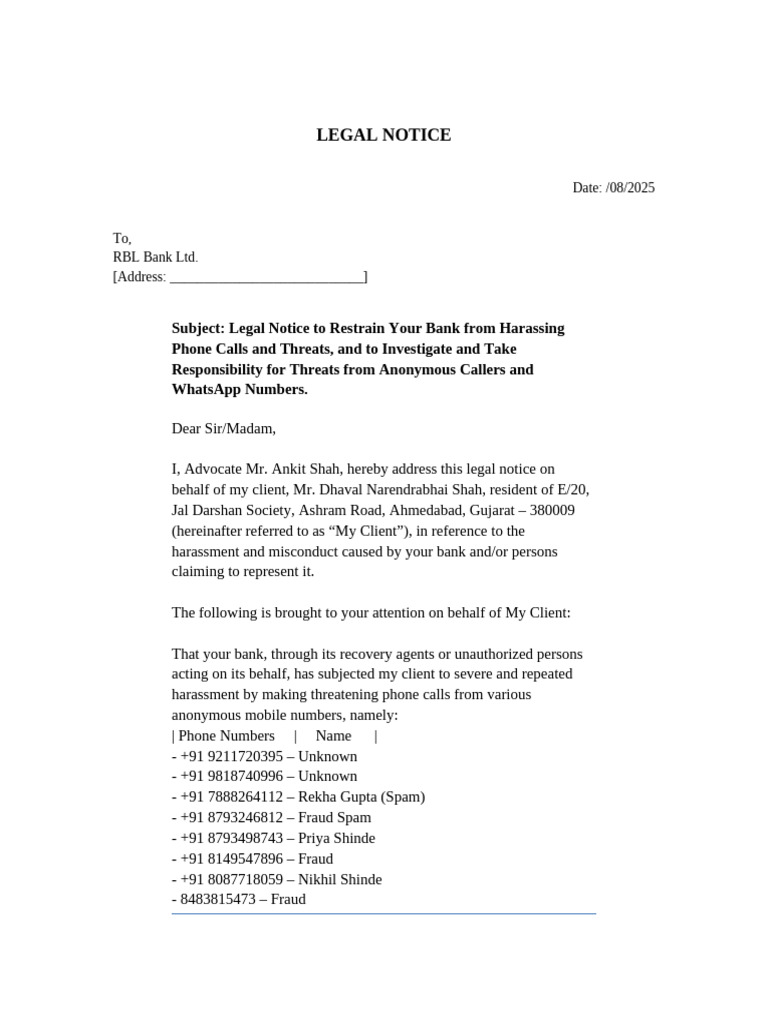 Legal Notice To RBL Bank | PDF | Misconduct | Crimes