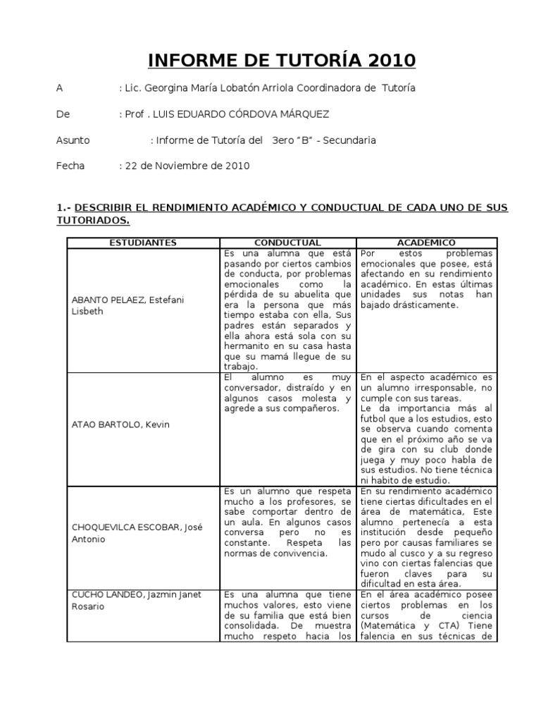 Modelo Informe de Tutora 2010