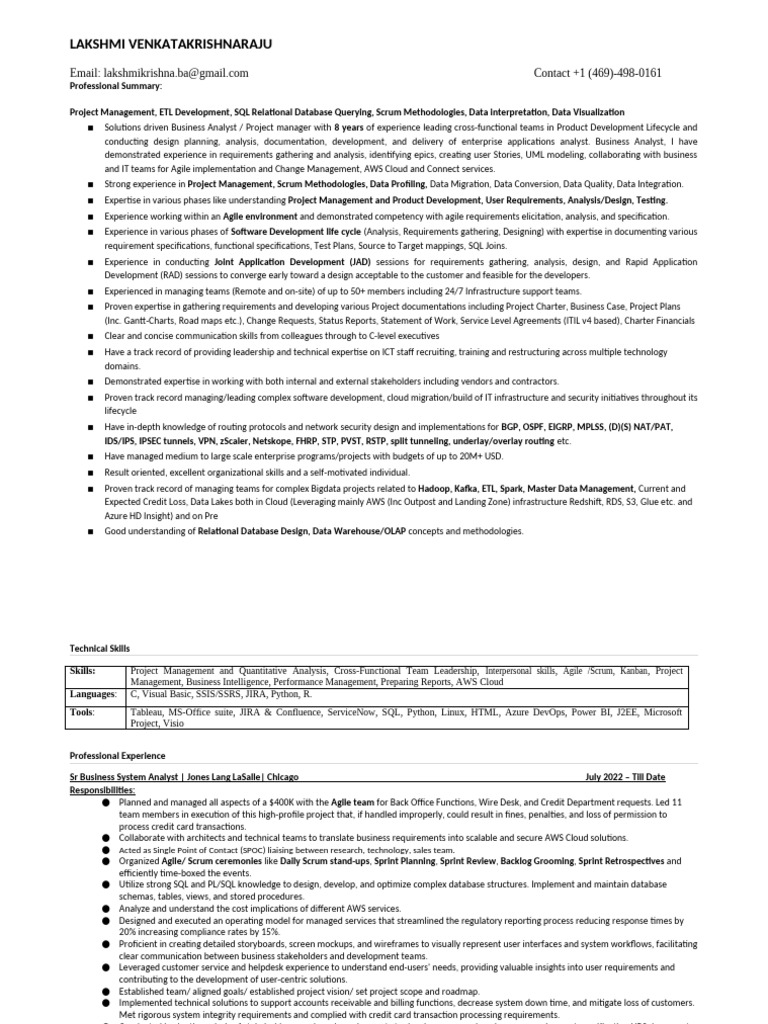 Lakshmi Business System Analyst Resume Updated | PDF | Scrum (Software ...