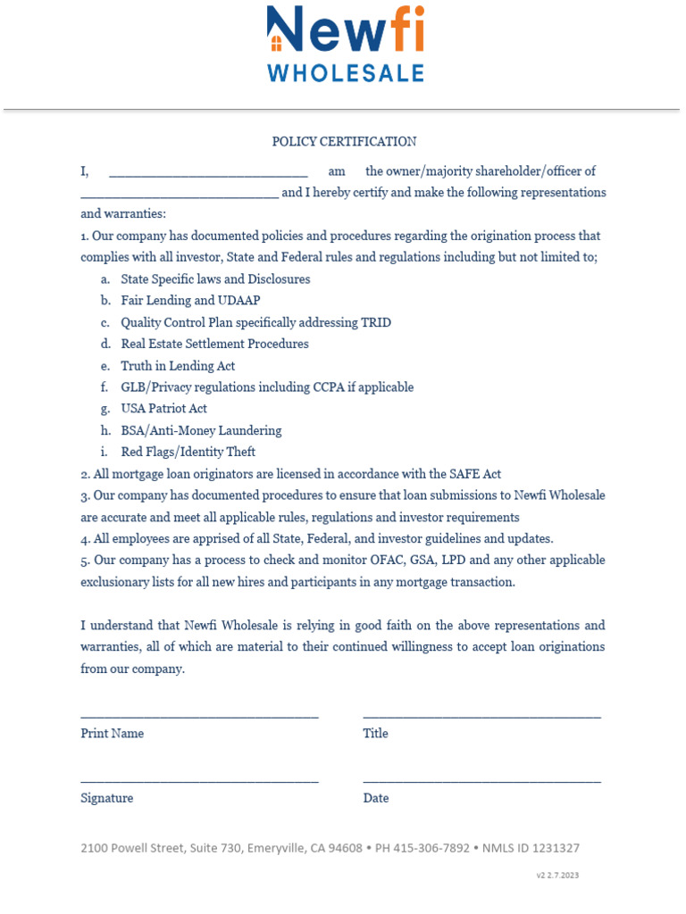 Newfi Policy Certification | PDF