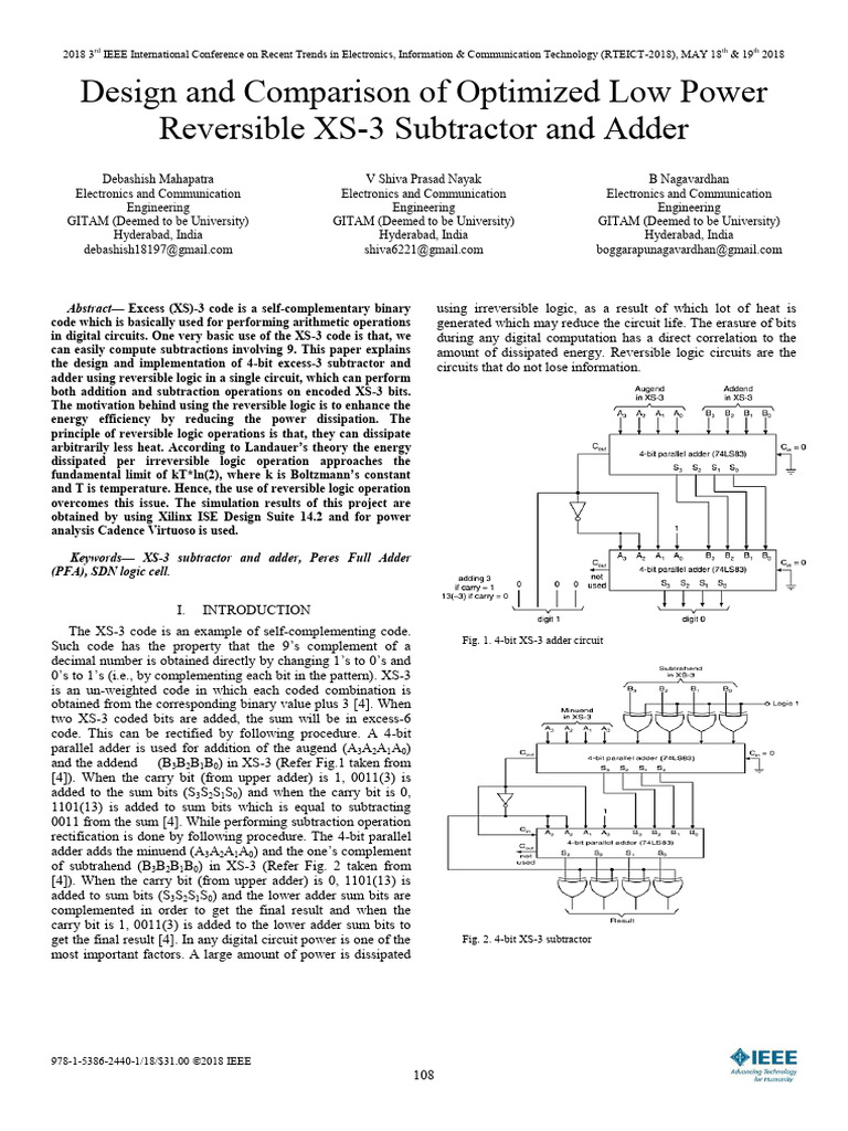 Design and Comparison of Optimized Low Power Reversible XS-3 Subtractor and Adder | PDF ...