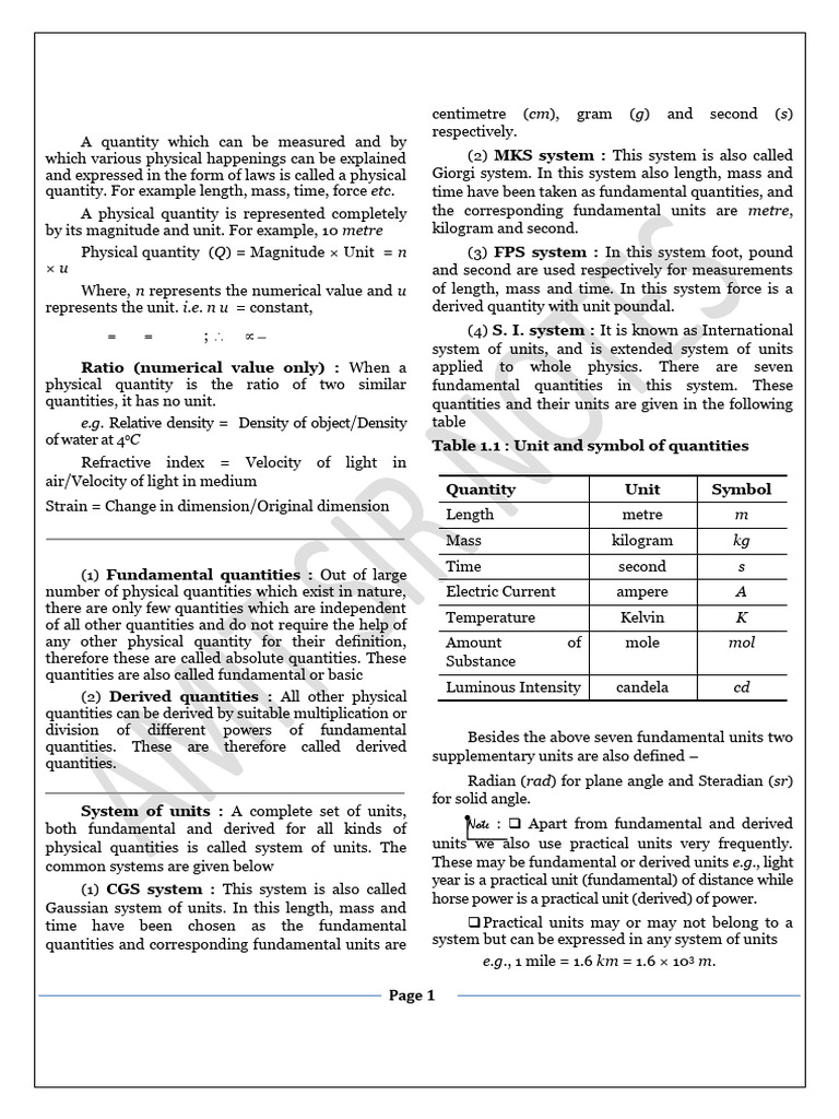Unit and Dimensions | PDF | Force | Physics